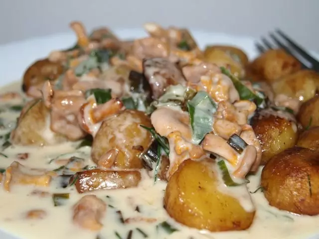 Chanterelles con patacas en crema de leite: nunha tixola, no forno, a cocción lenta 13400_4