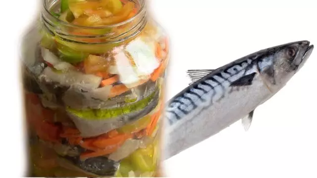 Mackerel salad alang sa tingtugnaw: mga resipe nga adunay mga utanon, kamatis, sa usa ka garapon 13536_8