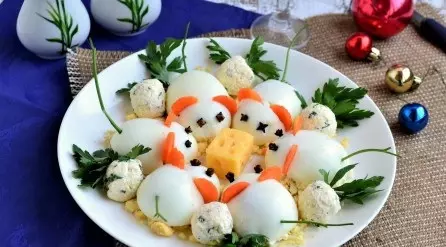 Tikus endhog kanggo bocah: resep-resep nganggo foto, kanggo dekorasi, kanggo Taun Anyar 9594_7