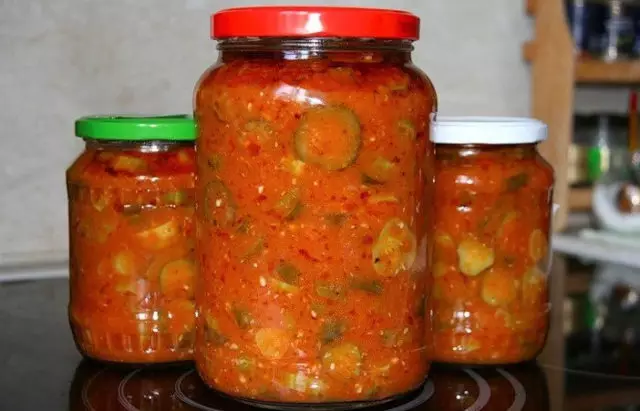 Saladên xiyaran di ava tomatoyê de ji bo zivistanê: birrîn, parçe, perçe, rêçikên gav-gav-gav ên bilez û xweş ên bi wêne, bêyî sterîlîzekirin 9822_10